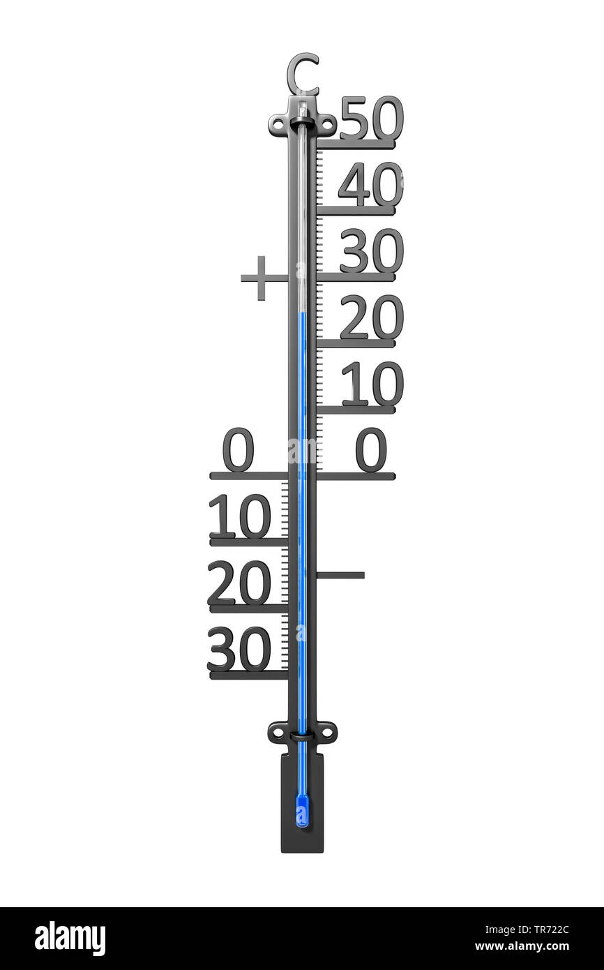 3D computer graphic, black thermometer with blue liquid indicating 25 ...