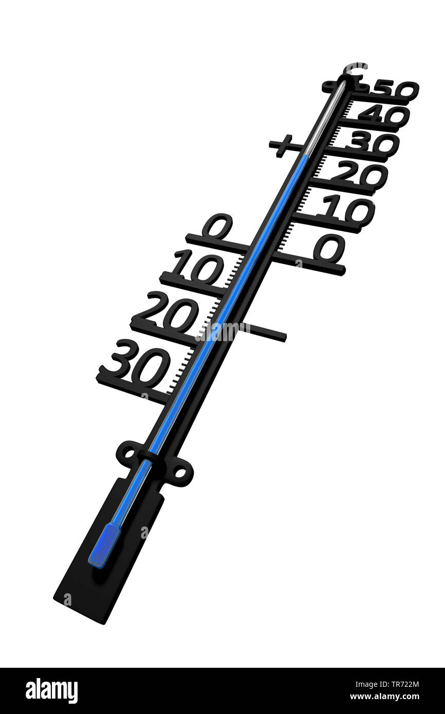 3D computer graphic, black thermometer with blue liquid indicating 25 ...
