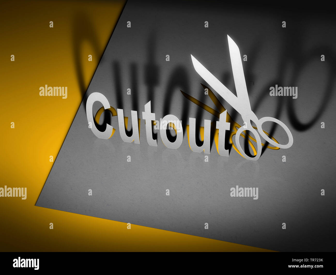 3D computer graphic, text in grey color with shadow effect reading CUT ...