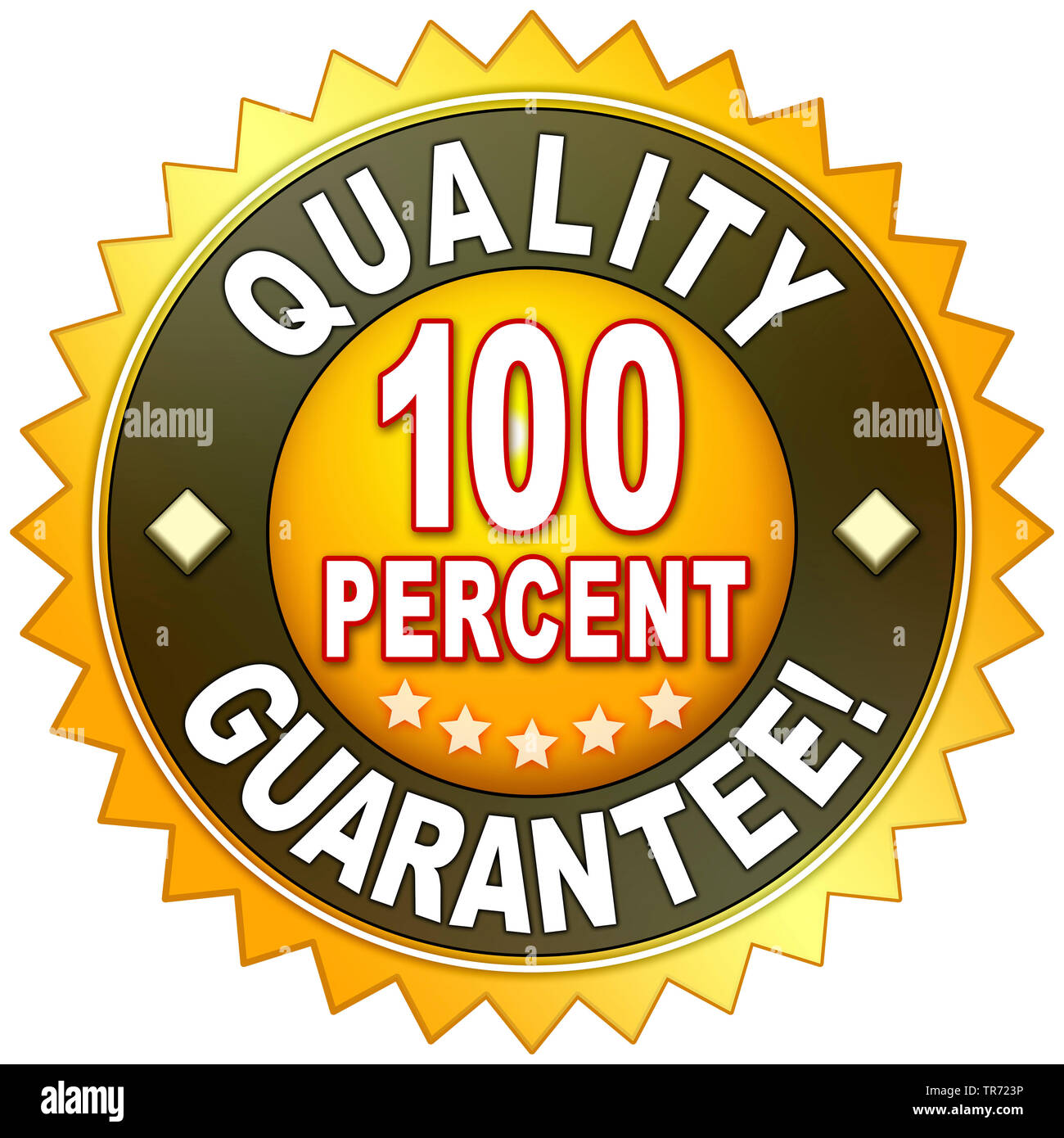 3D computer graphic, symbolic button in yellow color lettering QUALITY ...