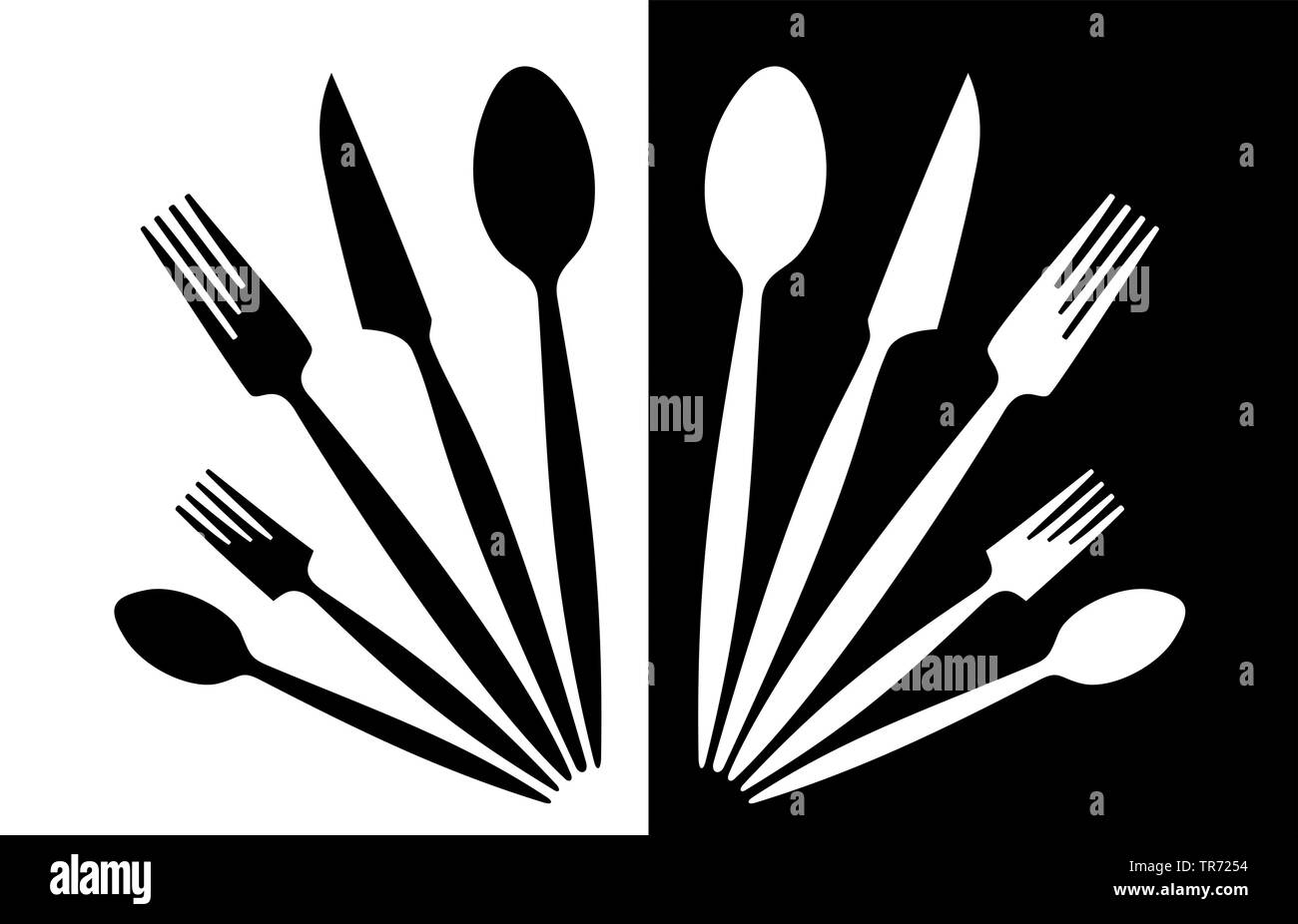 2D Computer graphic, symbolic silverware in black and white color ...