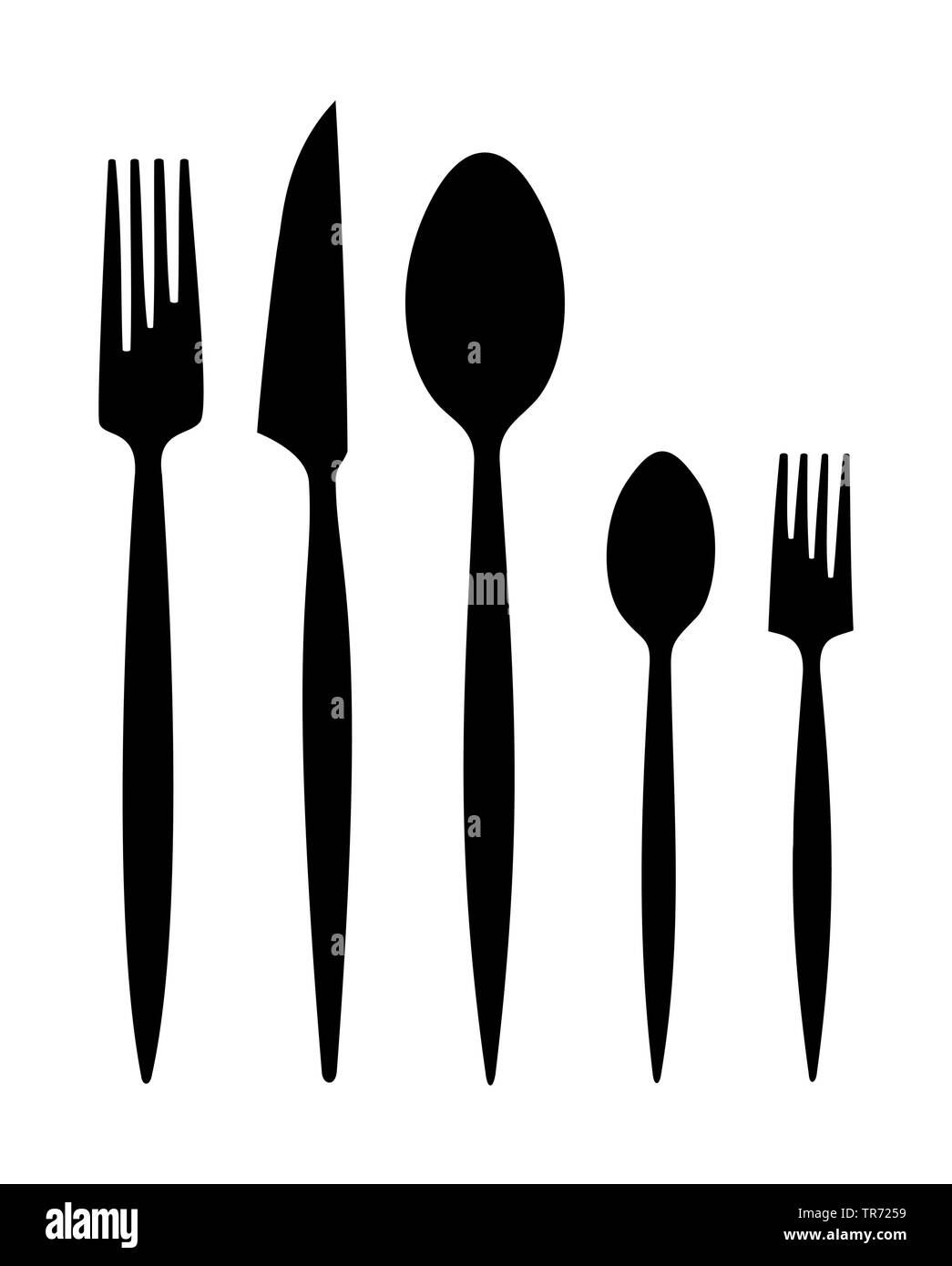 2D Computer graphic, symbolic silverware in black color against white ...
