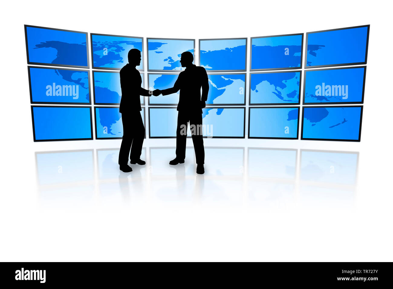3D computer graphic, handshake of two men in front of world map in ...