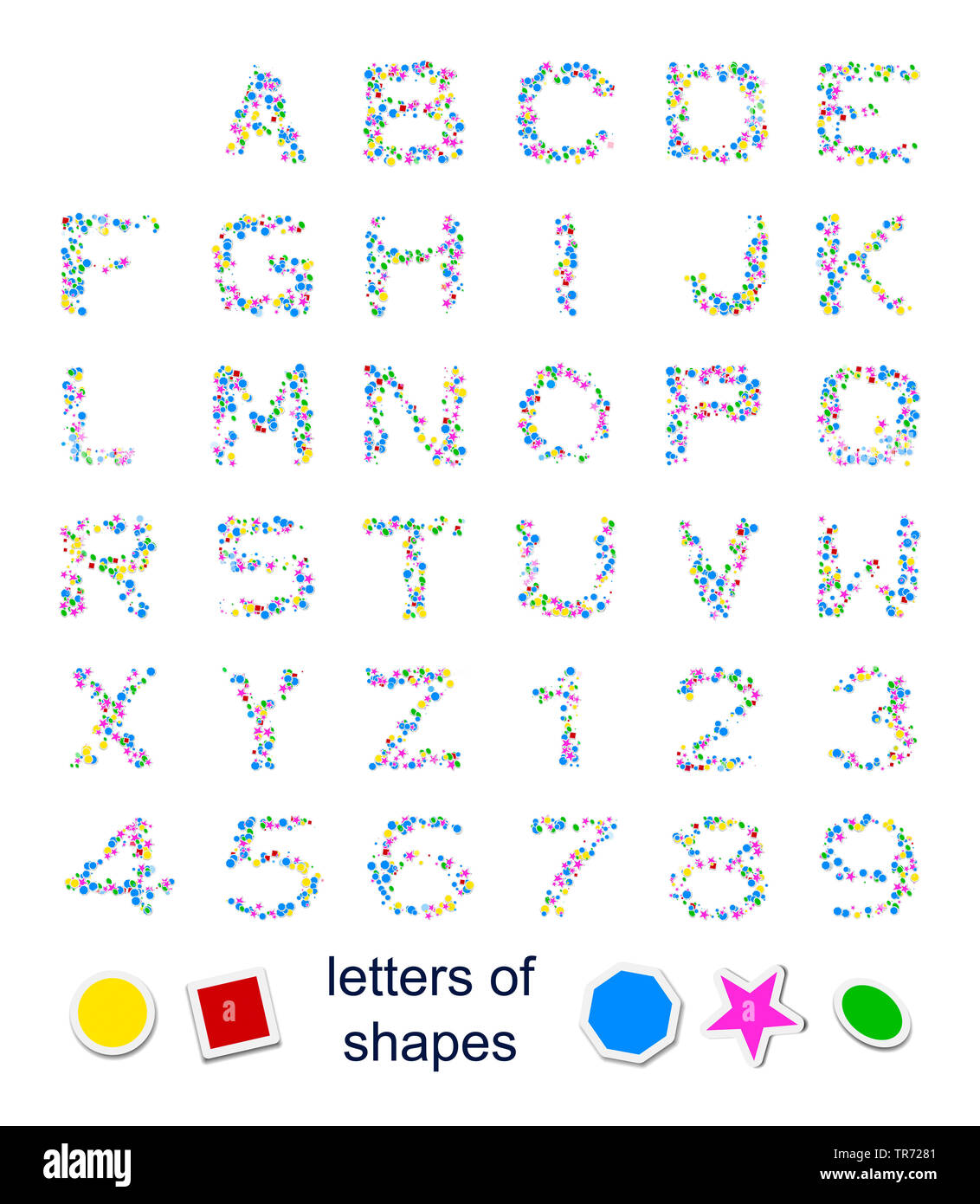 3D computer graphic, school board with alphabet, numbers and shapes ...