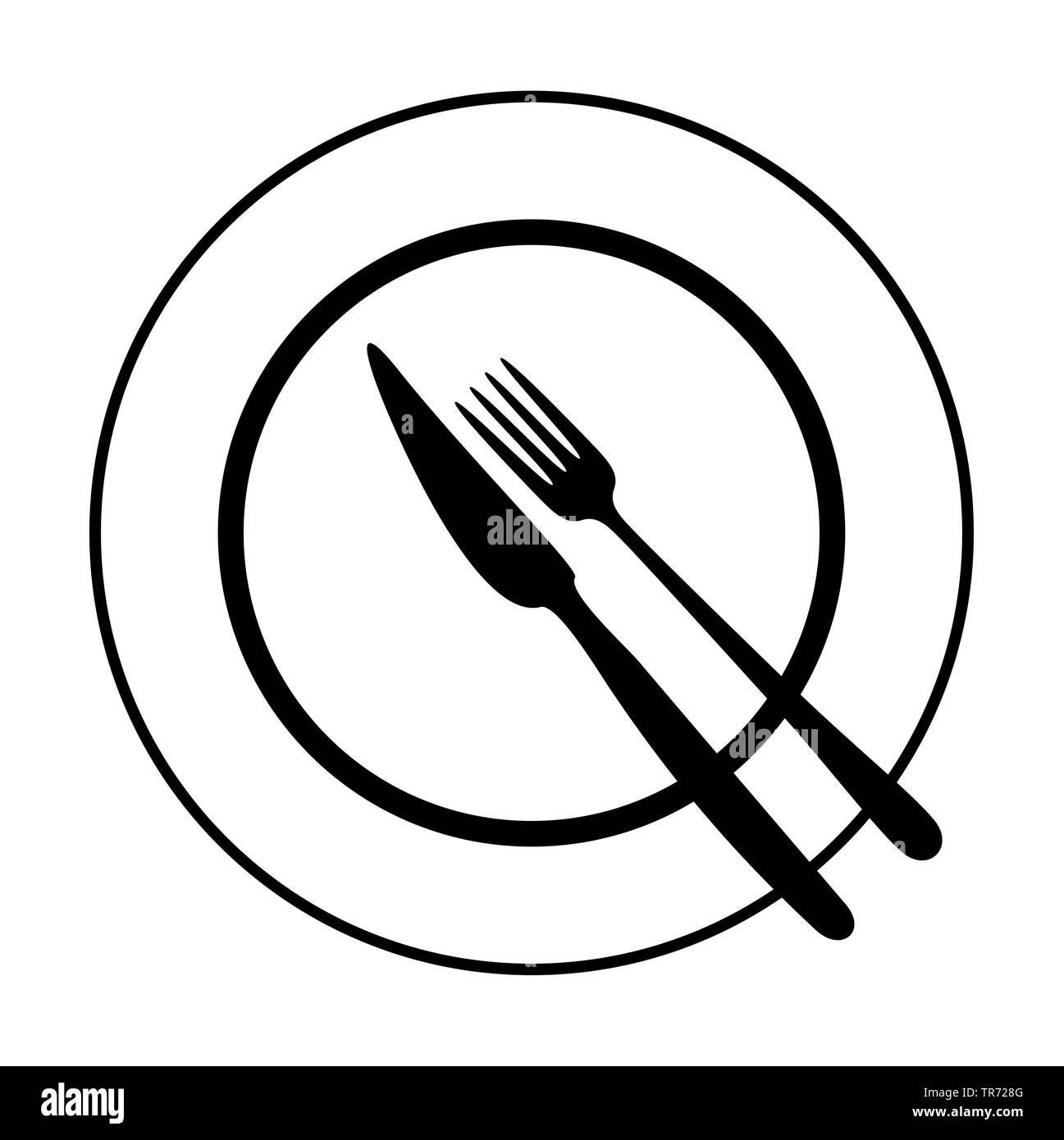 2D Computer graphic, symbolic silverware and plate in black color ...
