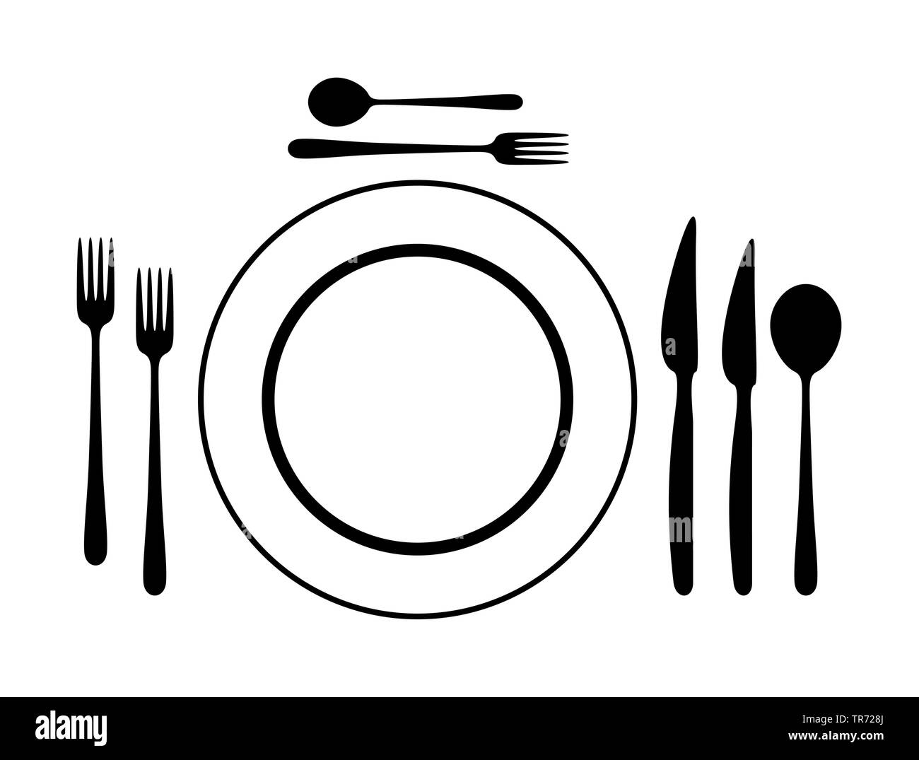 2D Computer graphic, symbolic silverware and plate in black color ...