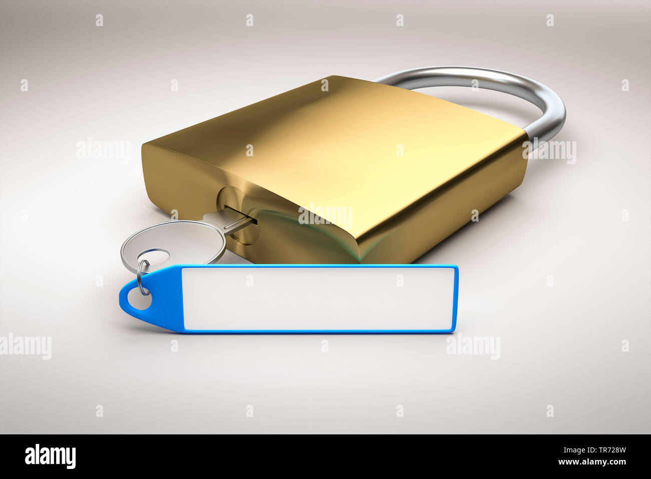 3D computer graphic, symbolic padlock in golden color with blank tag ...