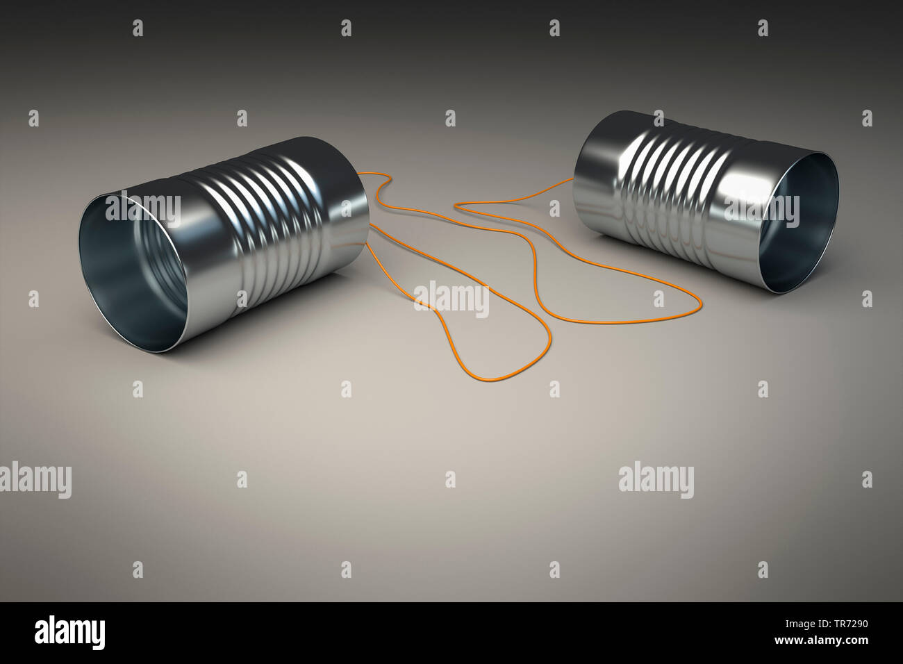 3D computer graphic, symbolic communication between two tin cans ...