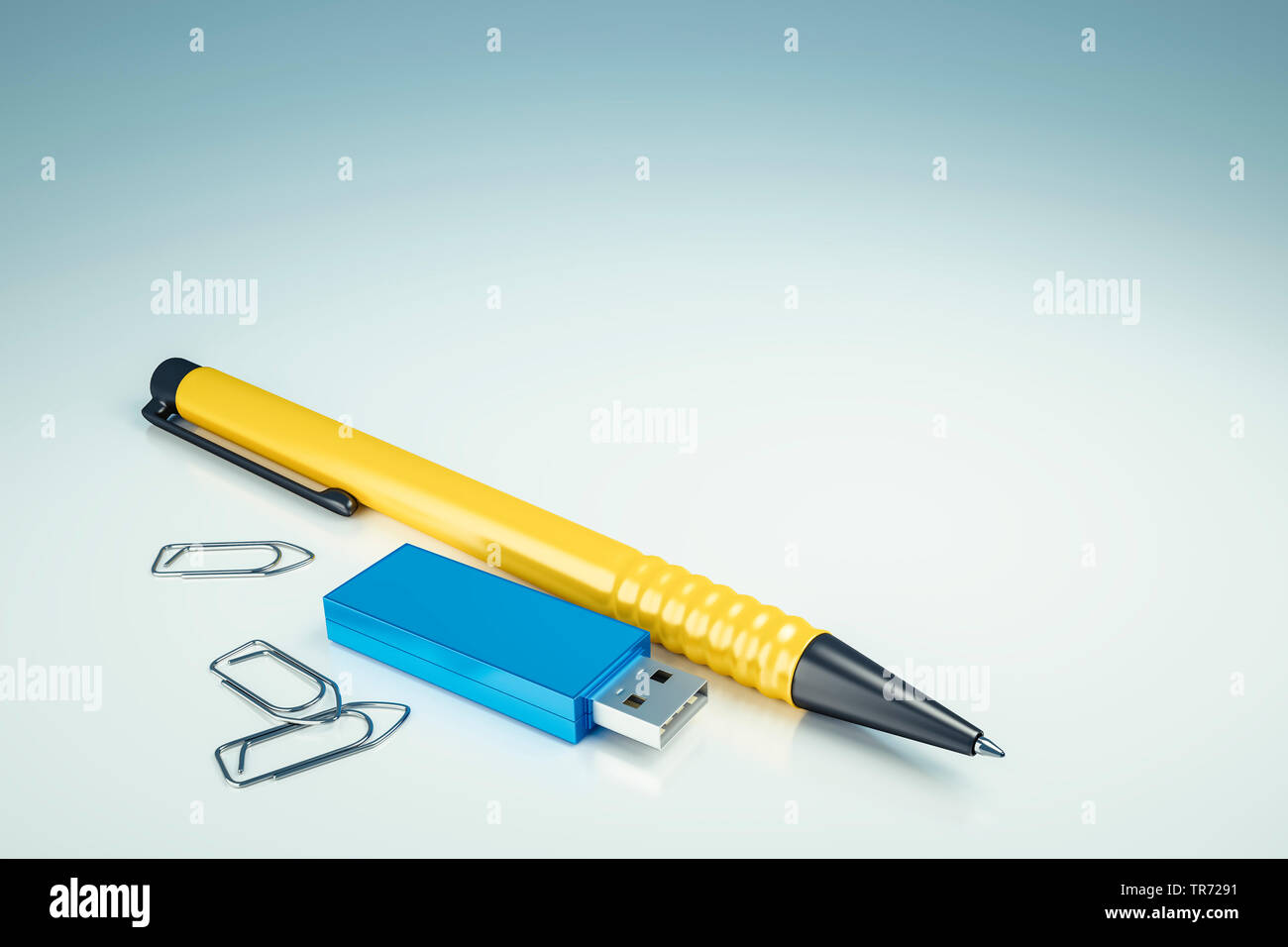 3D computer graphic, symbolic pen (yellow color) and USB data stick ...