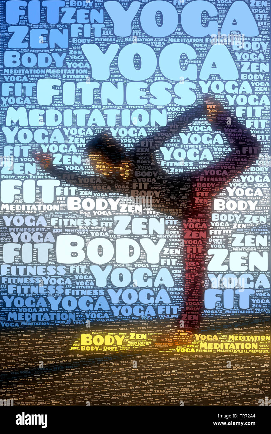 2D Computer graphic, poster showing person in yoga pose with several ...