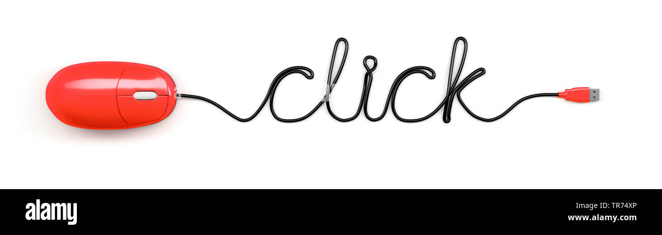 3D computer graphic, computer mouse in red color with the word CLICK ...