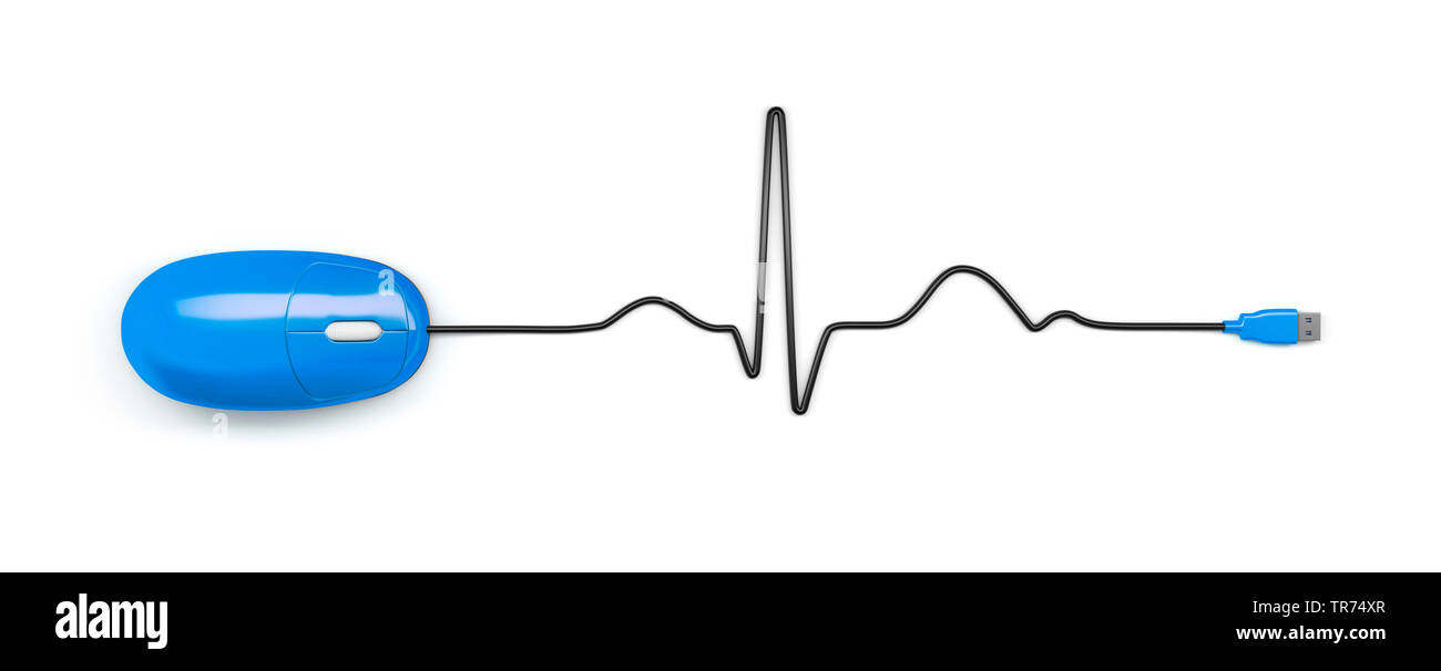 3D computer graphic, computer mouse in blue color with the symbol of an ...