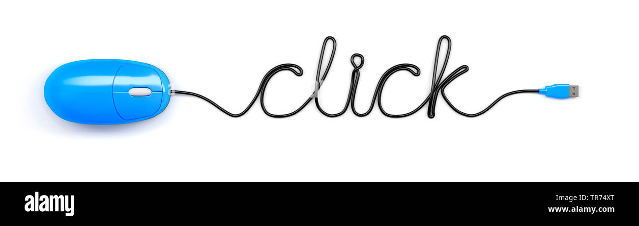 3D computer graphic, computer mouse in blue color with the word CLICK ...