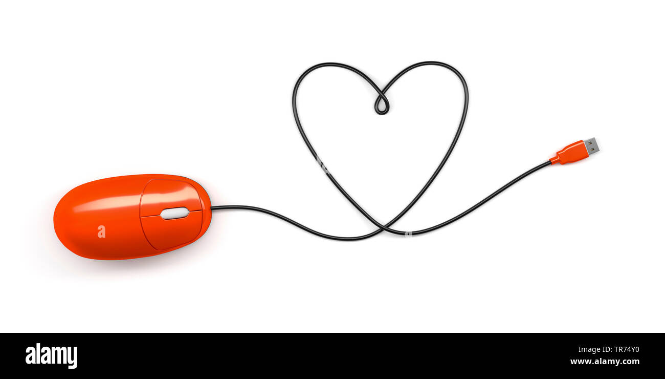 3D computer graphic, computer mouse in red color with the symbol of a ...