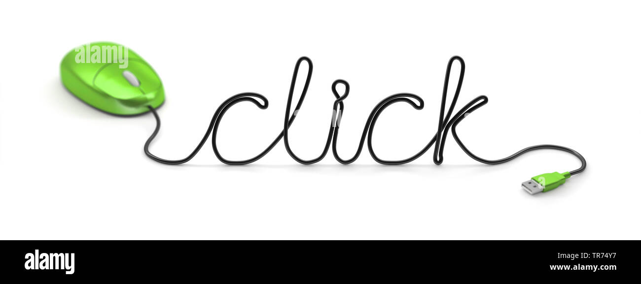 3D computer graphic, computer mouse in green color with the word CLICK ...