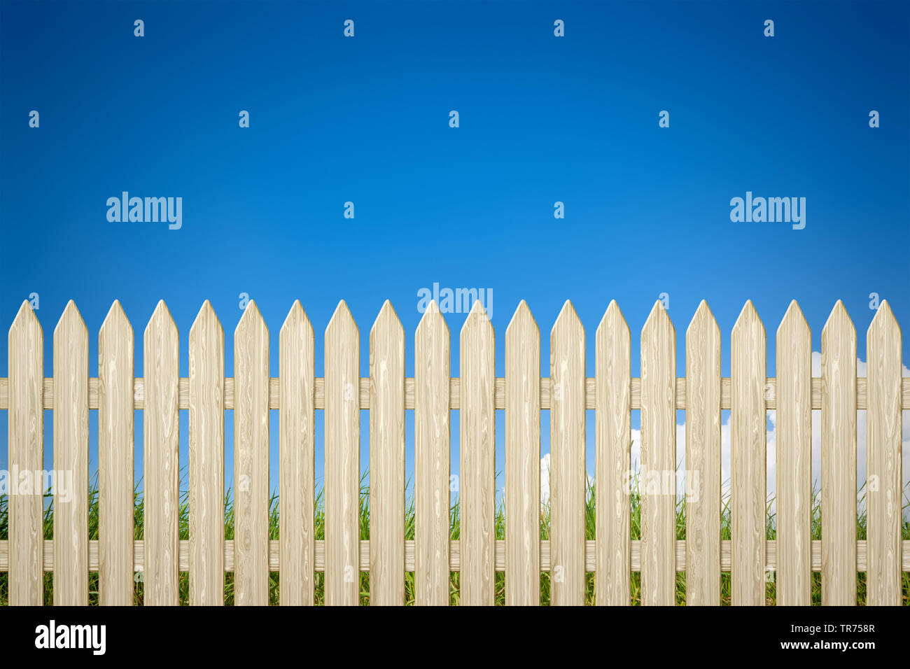 3D computer graphic, batten fance in front of green and blue sky Stock ...