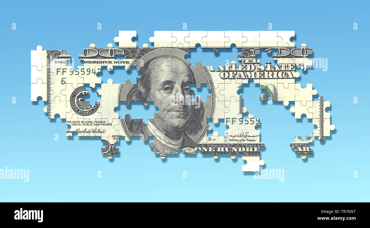 3D computer graphic, symbolic incomplete puzzle showing a one dollar ...