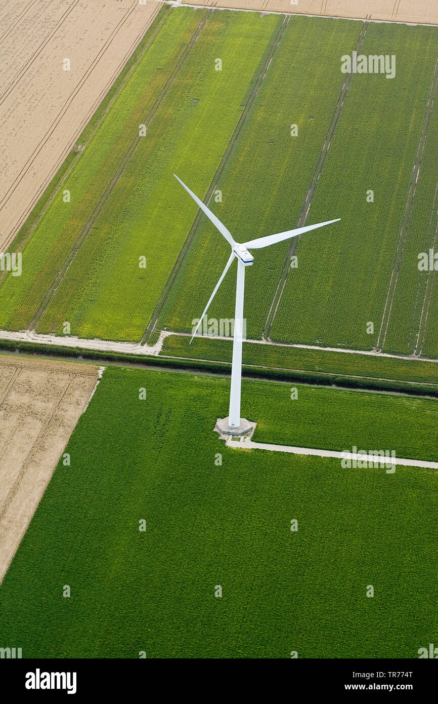 field landscape with wind wheel, aerial view, Netherlands, Northern ...