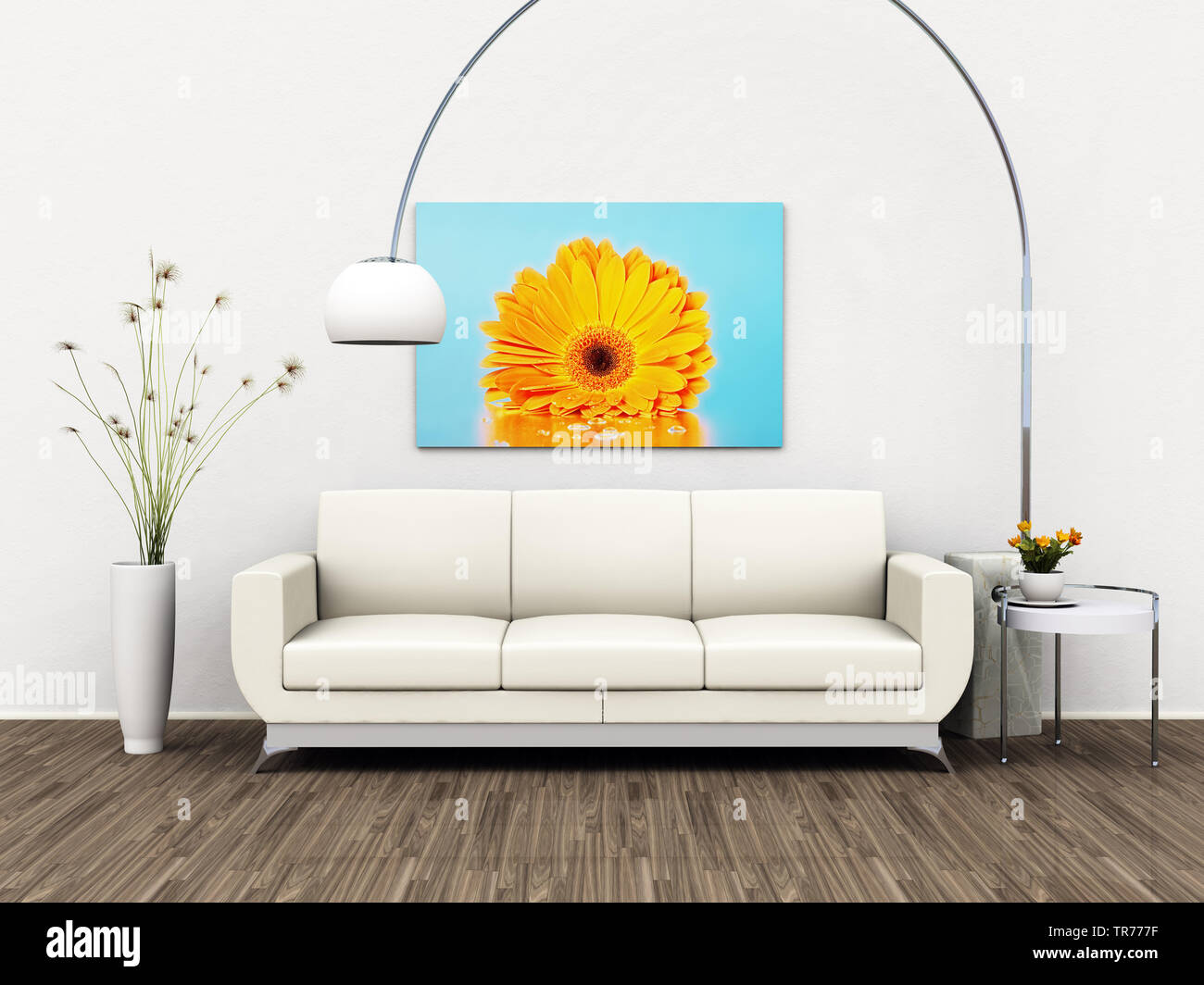 3D computer graphic, Interior design with leather sofa in white color ...