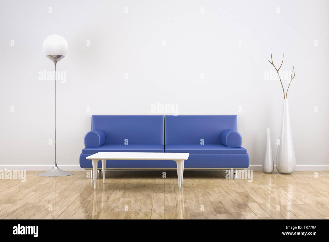 3D computer graphic, Interior design with leather sofa in blue color ...