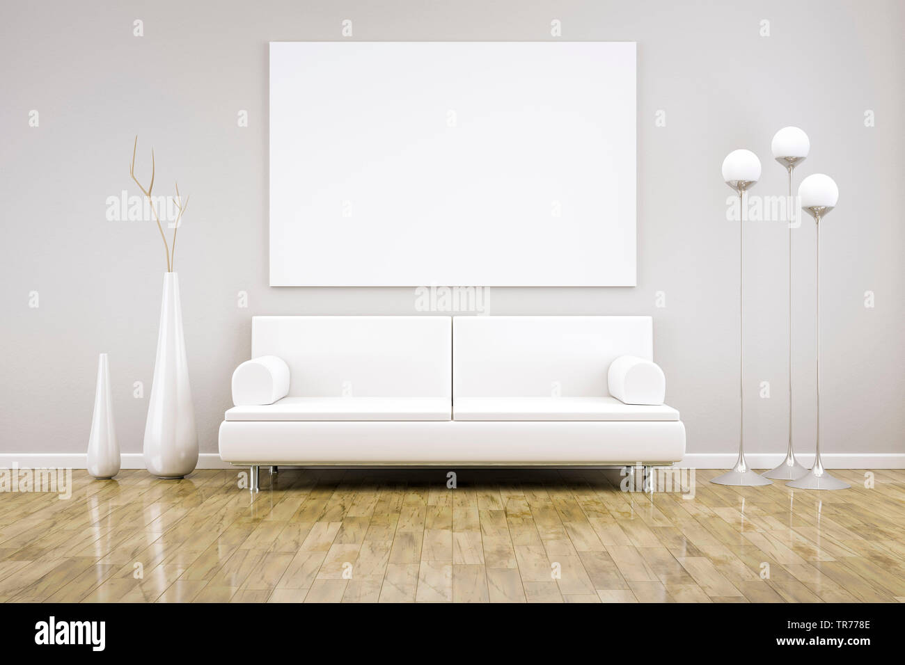3D computer graphic, Interior design with modern leather sofa in white ...
