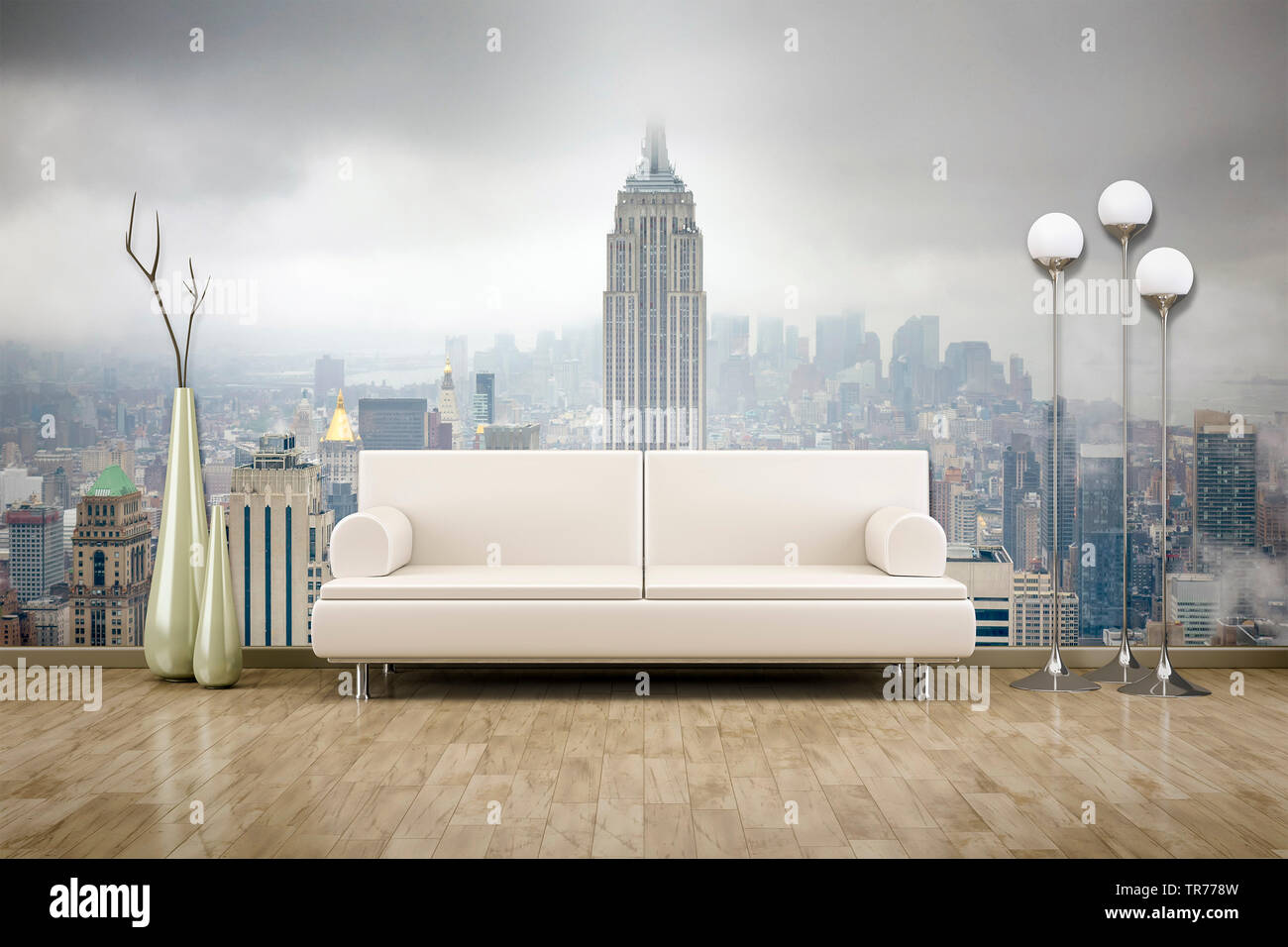 3D computer graphic, Interior design with leather sofa in white color ...