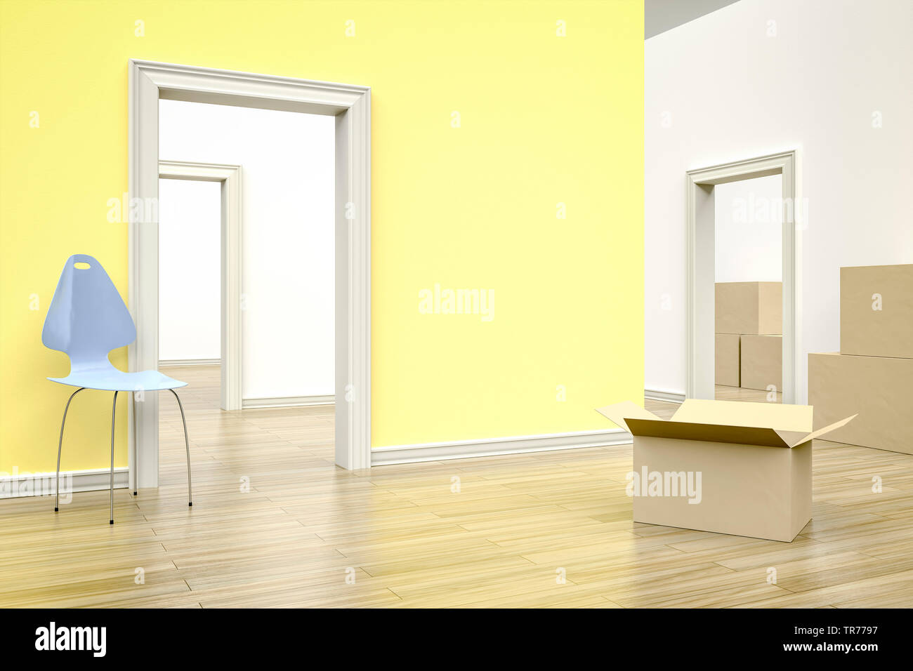 3D computer graphic, moving boxes in empty flat against empty wall in ...