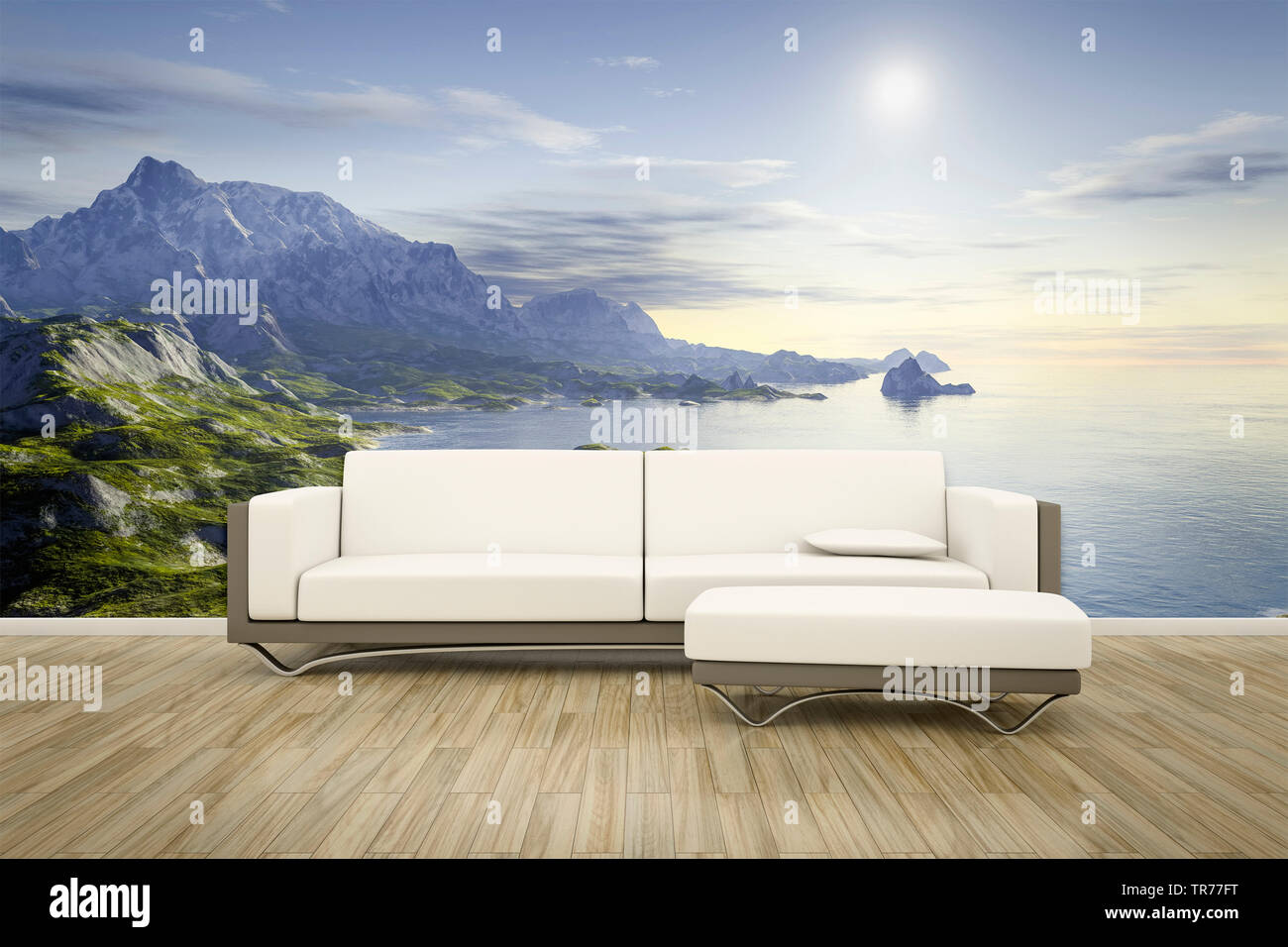 3D computer graphic, Interior design with leather sofa in white color ...