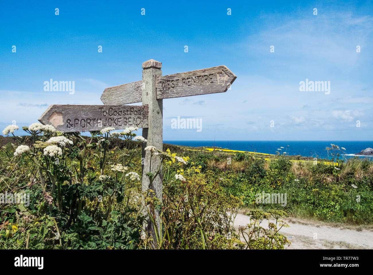 A wooden signpost giving directions on Pentire Point West in Newquay in ...