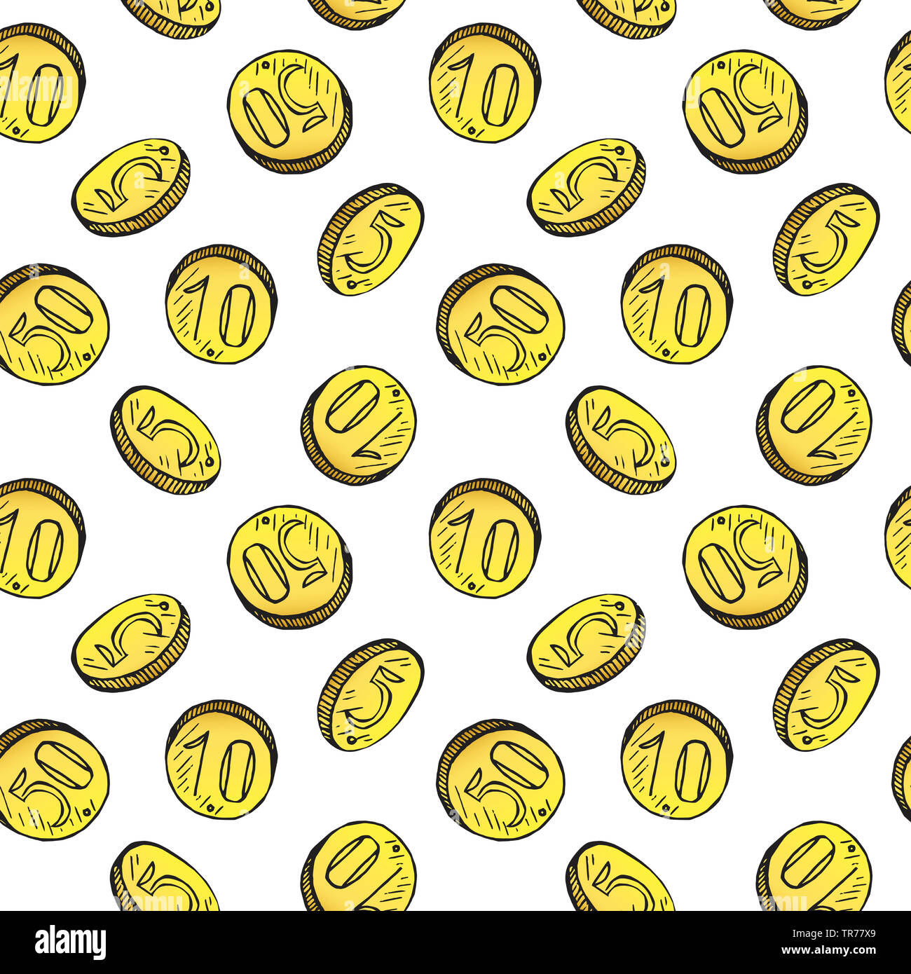 Golden coins variety falling, hand drawn doodle sketch, seamless ...