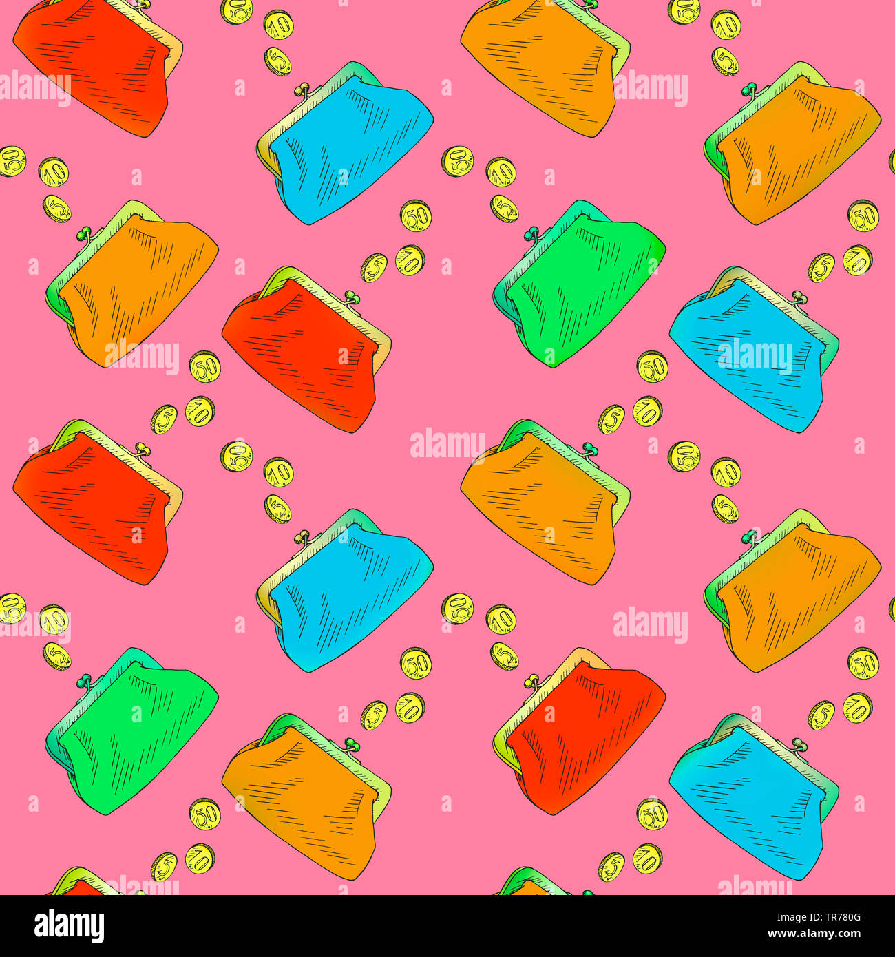 Colorful purses with golden coins pour into it, hand drawn doodle ...