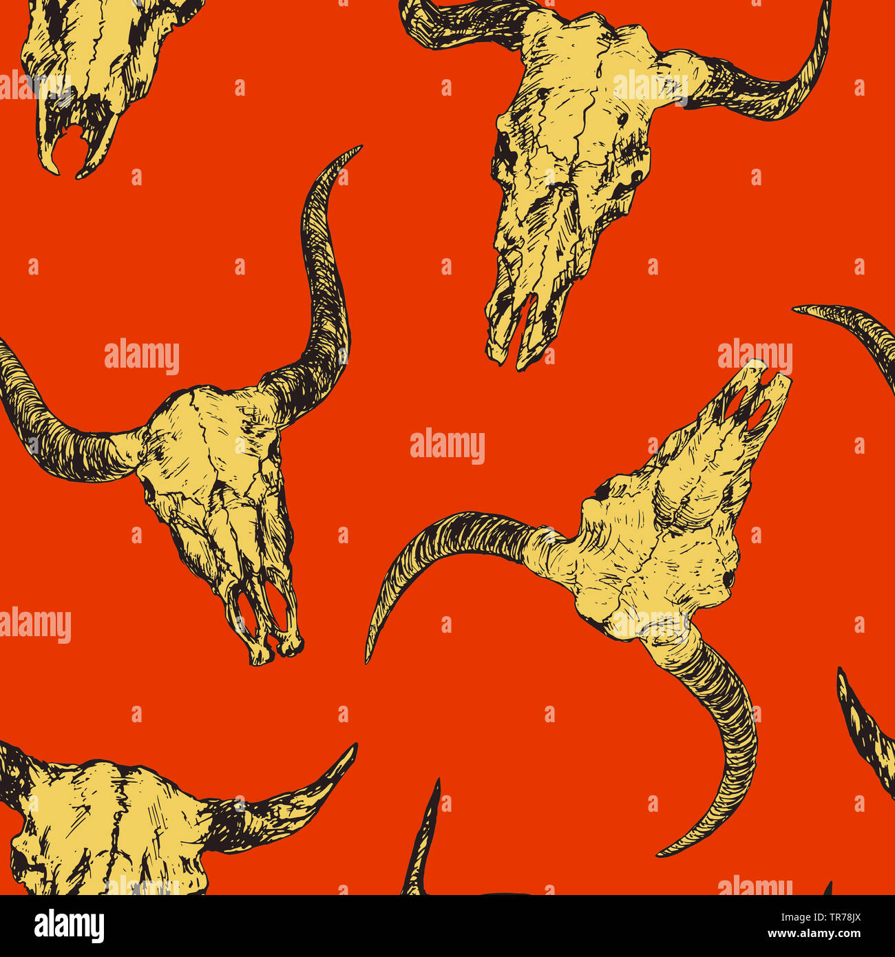Skulls of bulls with horns, hand drawn ink doodle, sketch, seamless ...