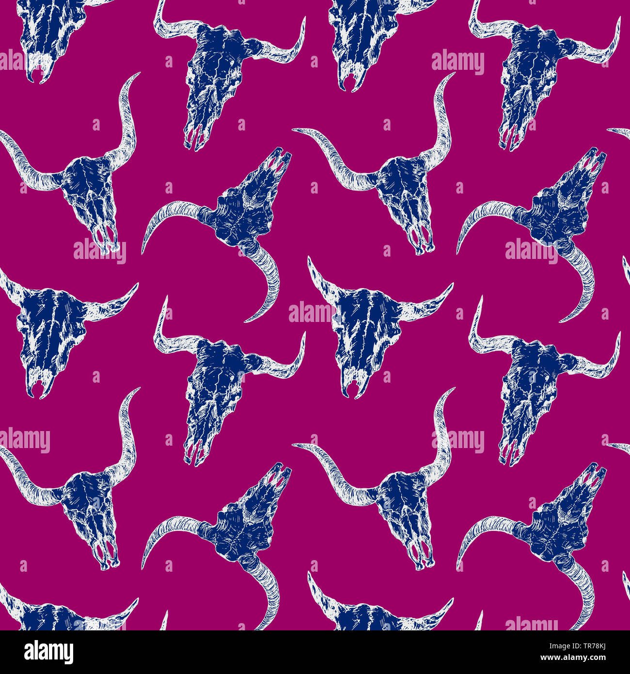 Blue skulls of bulls with horns, white outline, hand drawn ink doodle ...