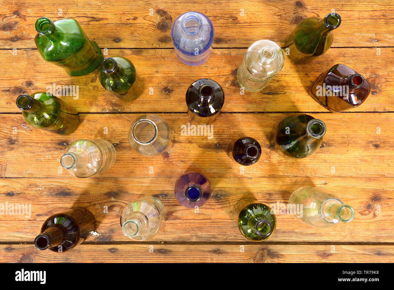 top view of bottles on table of wood Stock Photo - Alamy