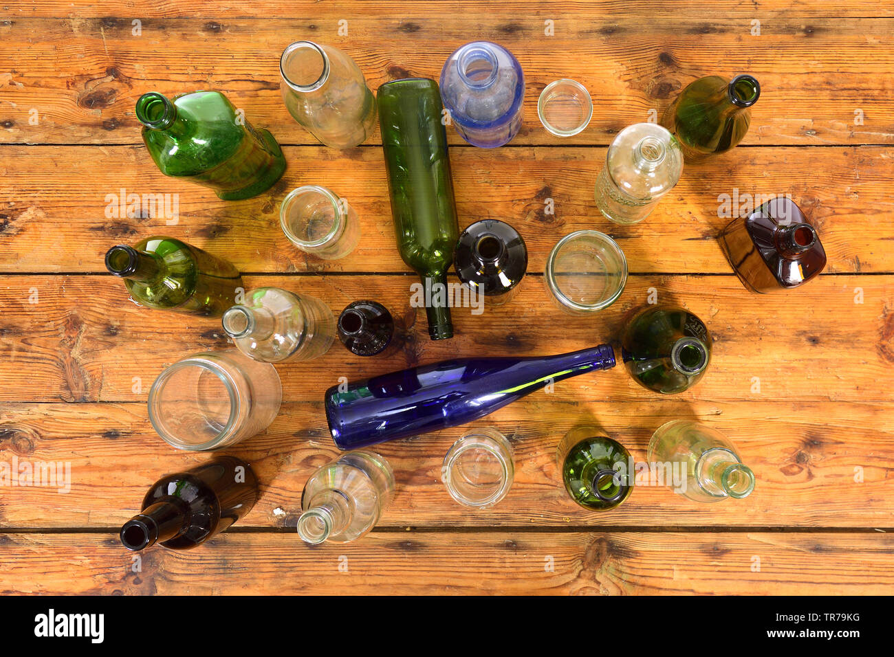 top view of bottles on table of wood Stock Photo - Alamy