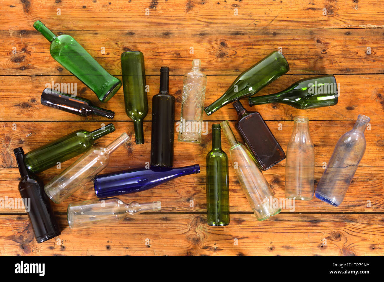 top view of bottles on table of wood Stock Photo - Alamy