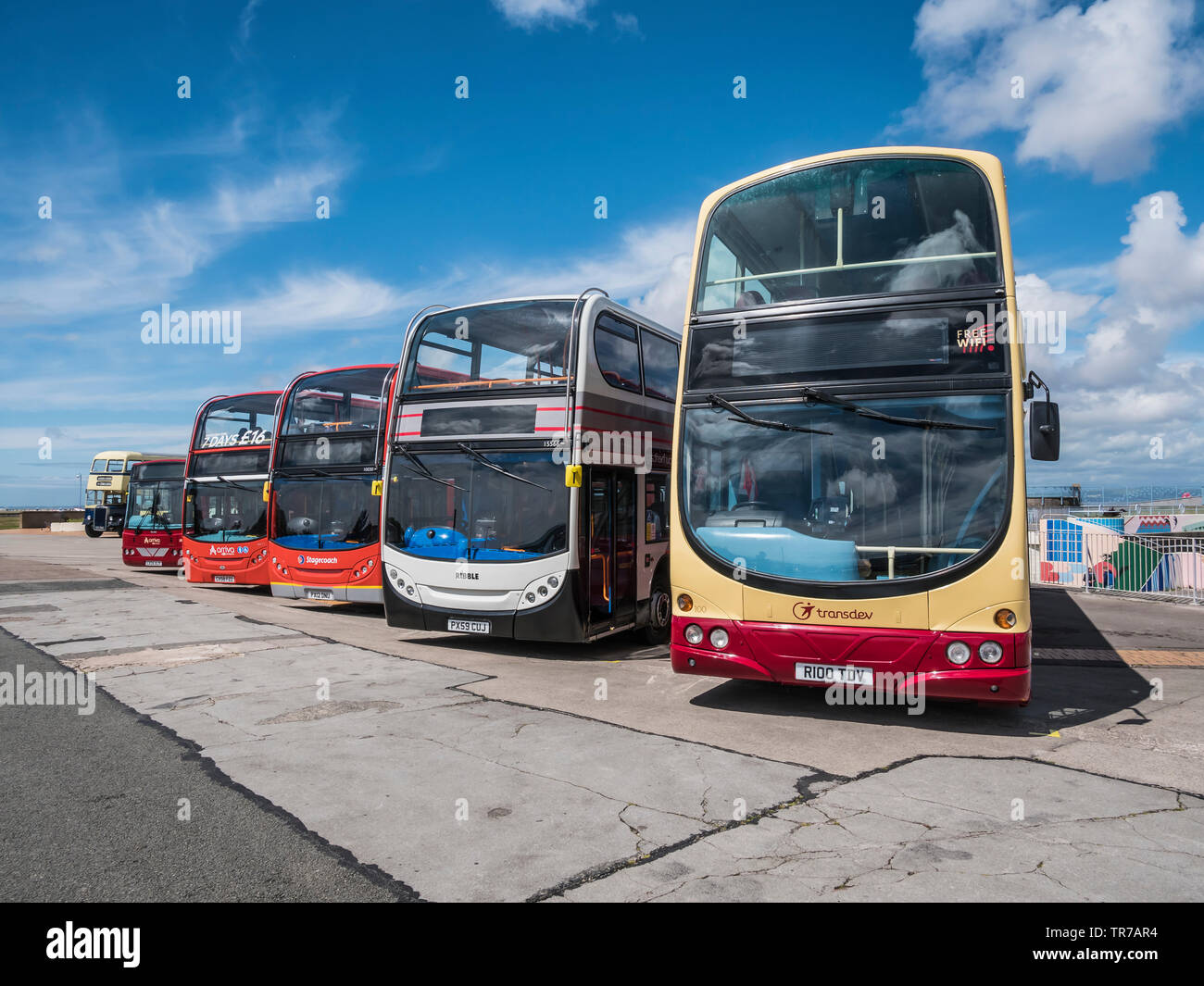 Modern public transport buses on display at the coastal town of ...