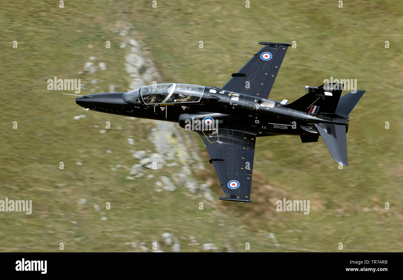 RAF Hawk T2 Aircraft, flying low level in the Mach Loop, Wales, UK ...