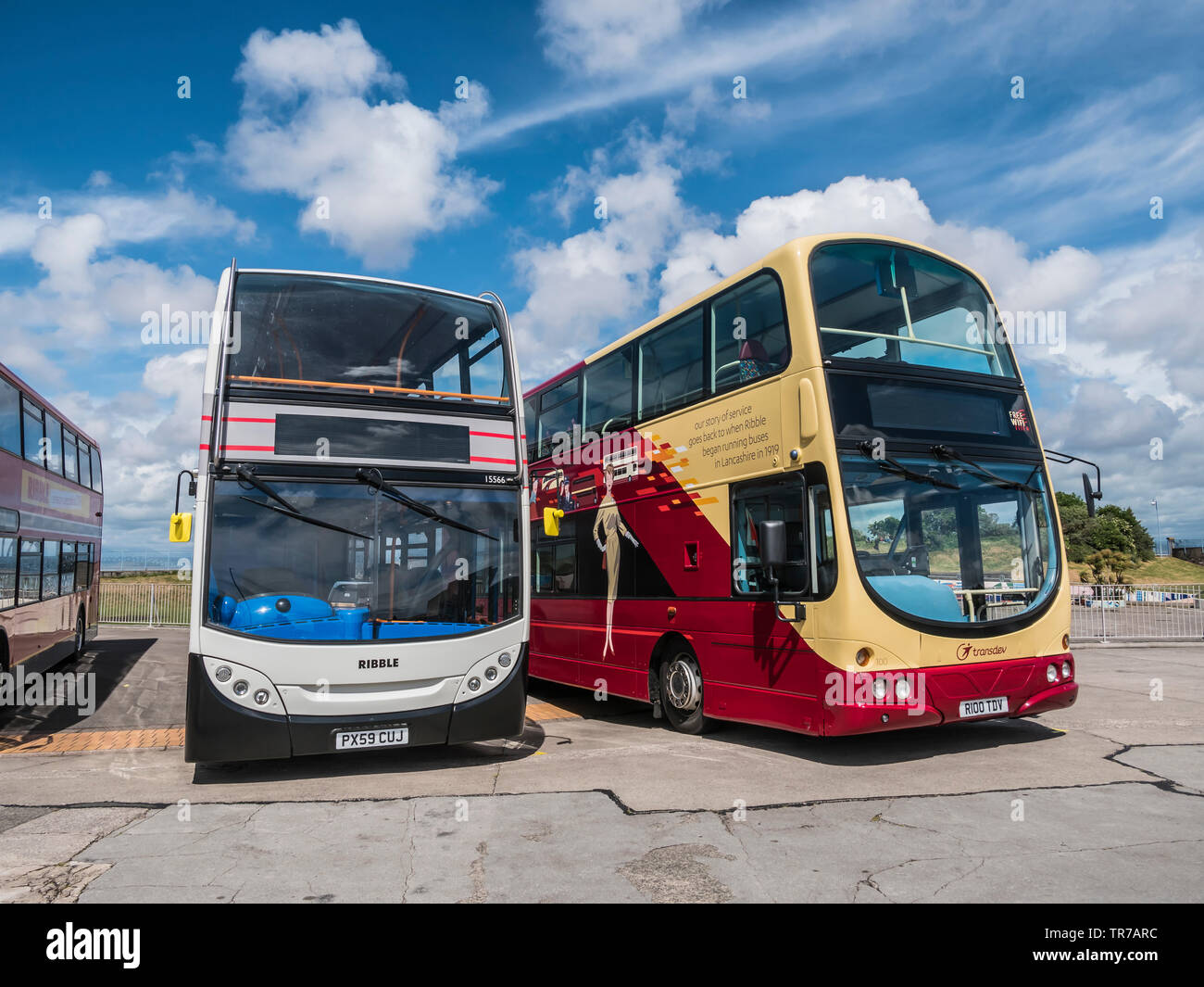 Modern public transport buses on display at the coastal town of ...
