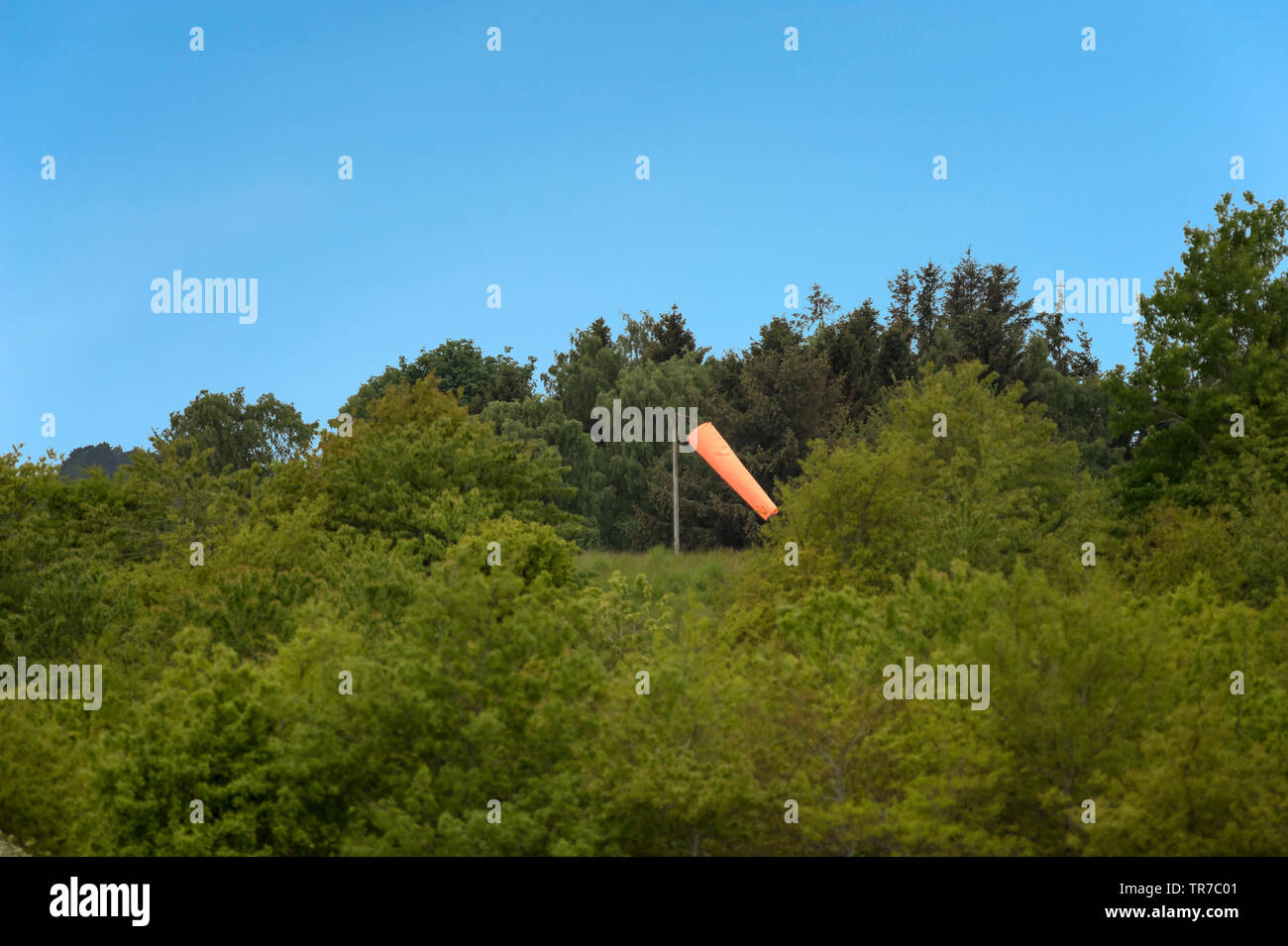 Distant orange windsock surrounded by trees with a blue sky background ...