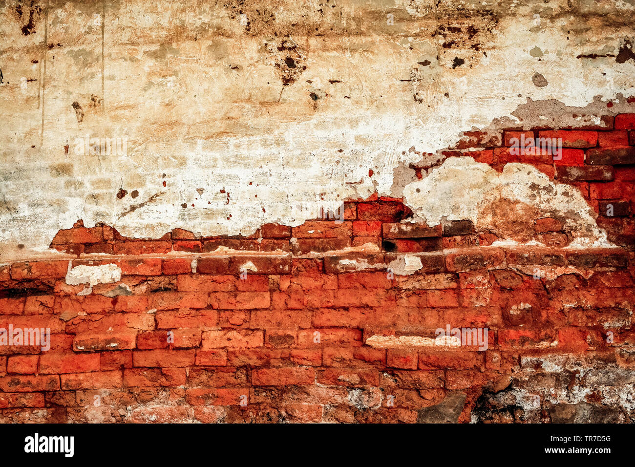Old red brick wall texture background with cement building vintage ...
