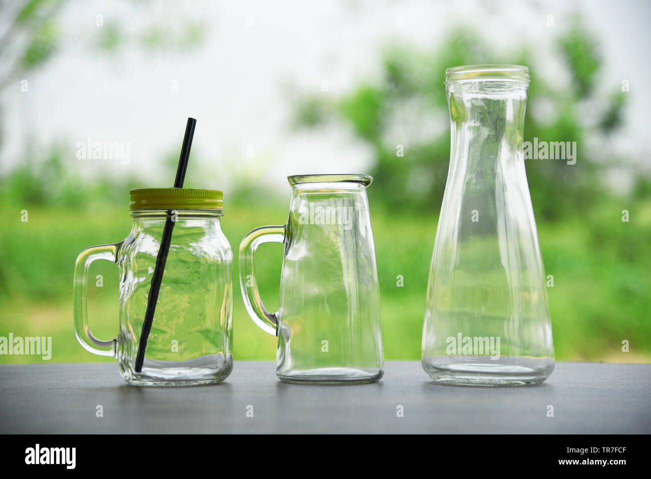 Zero waste use less plastic concept / water glass with straw pitcher ...