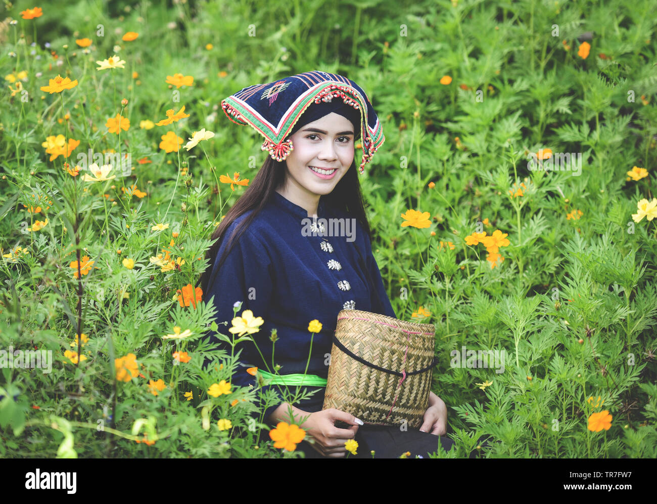 Asia woman thai style dress tribe Tai Dam / Portrait of beautiful young ...