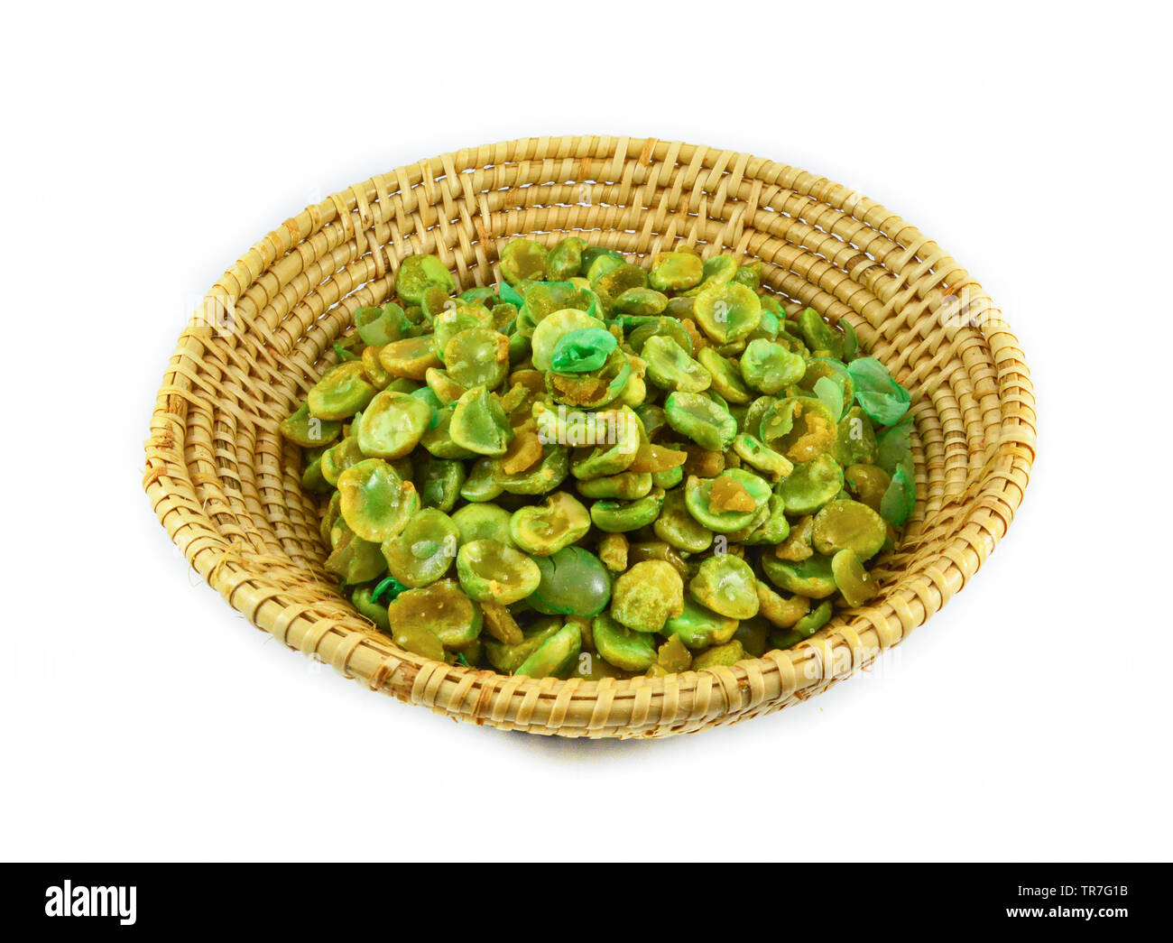 Cooked baked salt broad beans in basket isolated on white background ...