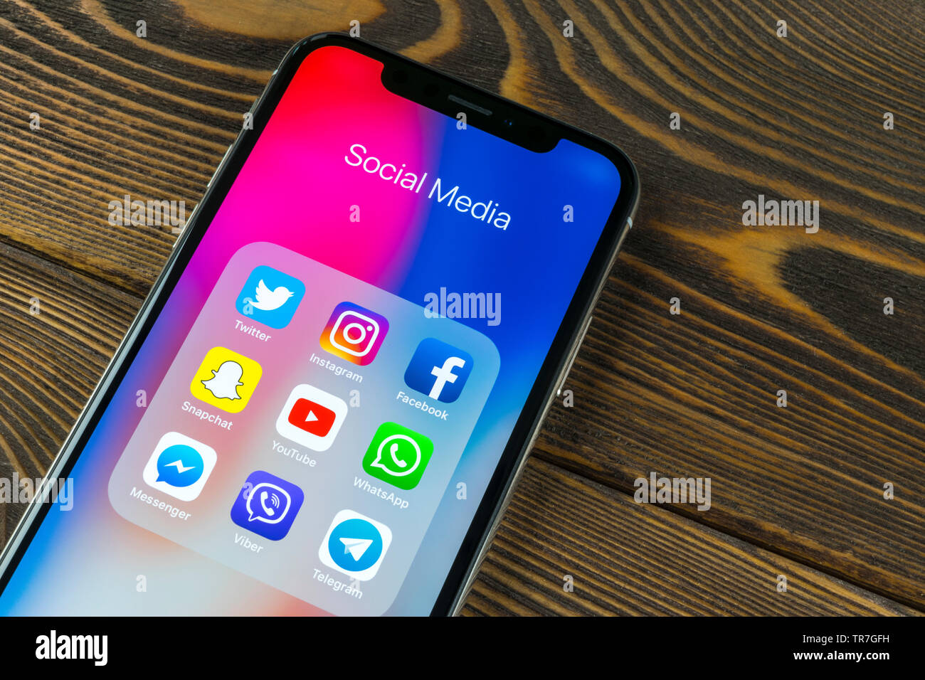 Sankt-Petersburg, Russia, April 5, 2018: Apple iPhone X with icons of ...
