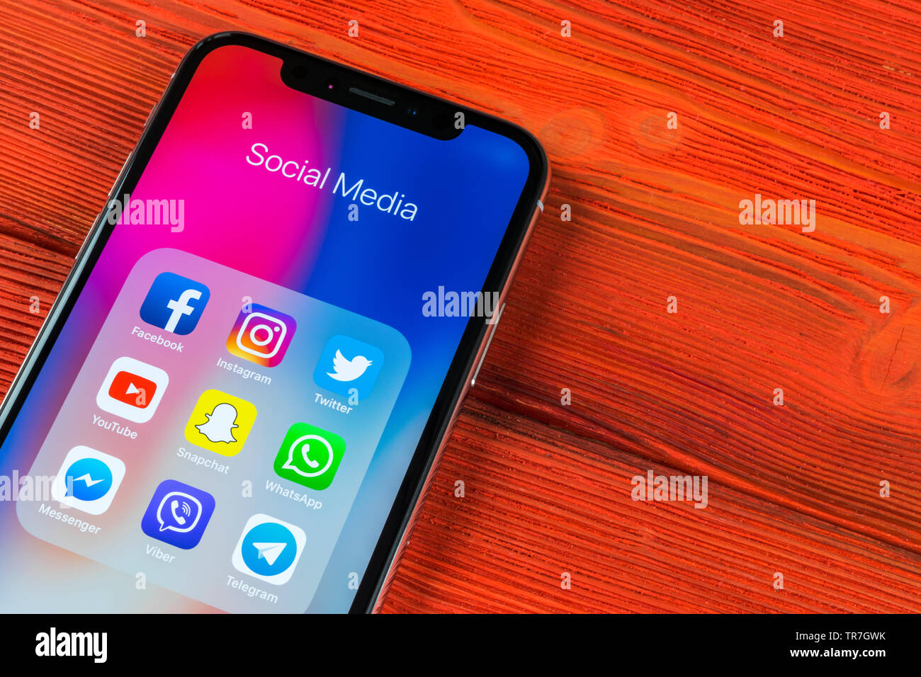 Sankt-Petersburg, Russia, April 5, 2018: Apple iPhone X with icons of ...