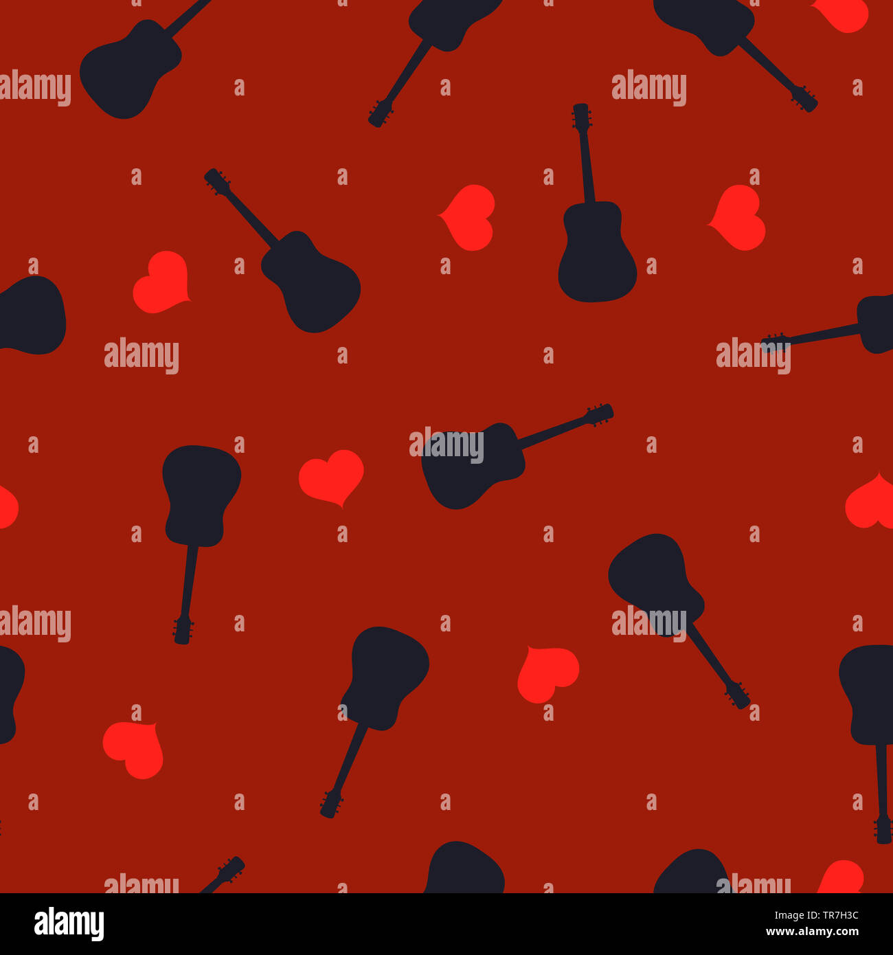 Seamless pattern acoustic guitar black silhouette, hearts plectrum on ...
