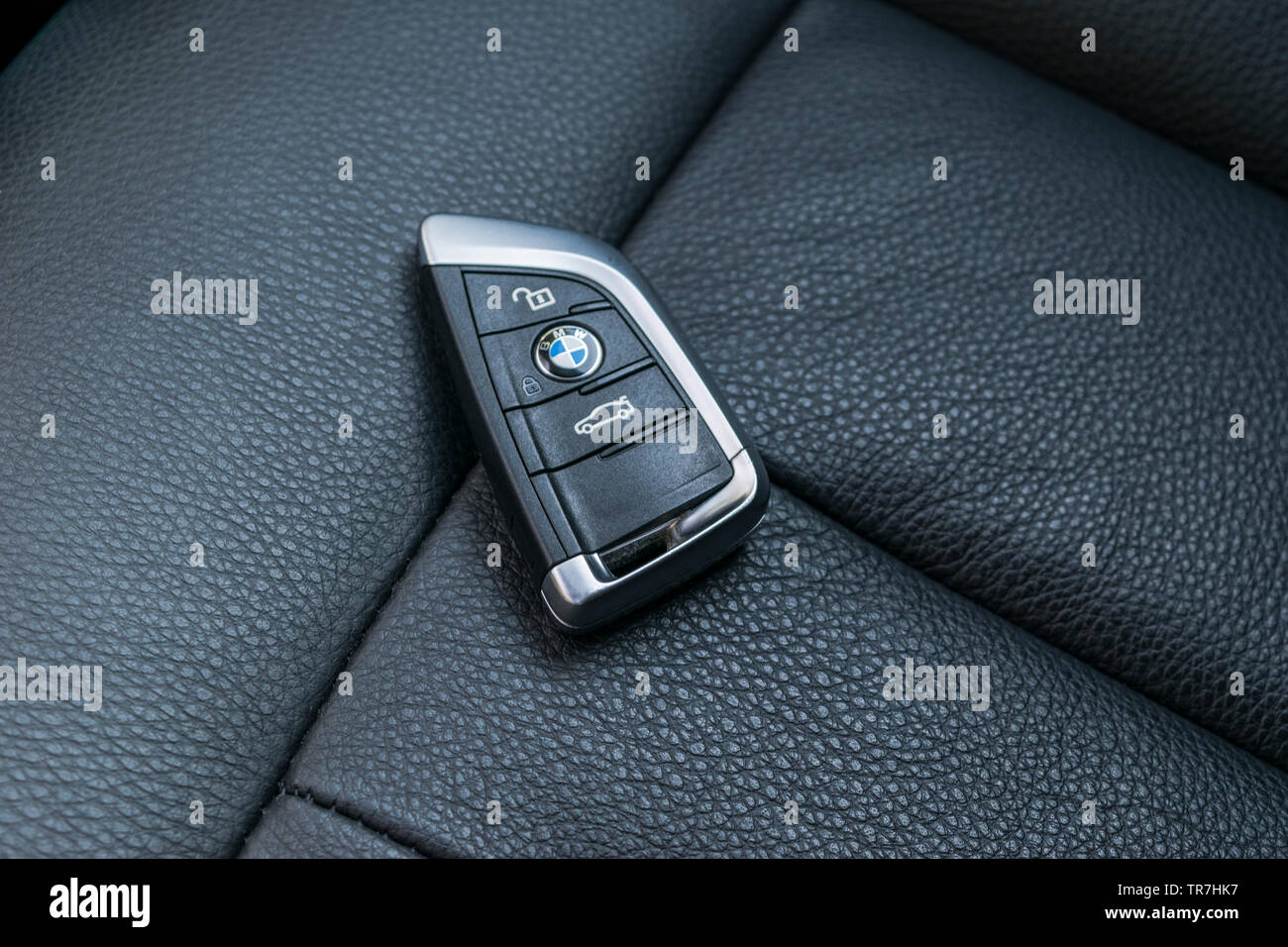 Sankt-Petersburg, Russia, April 4, 2018: Close up of keys of BMW XM 201 ...