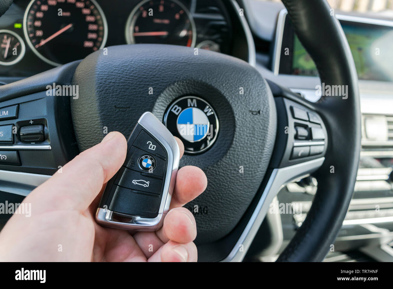 Sankt-Petersburg Russia, April 4, 2018: Man's hand holding a wireless ...