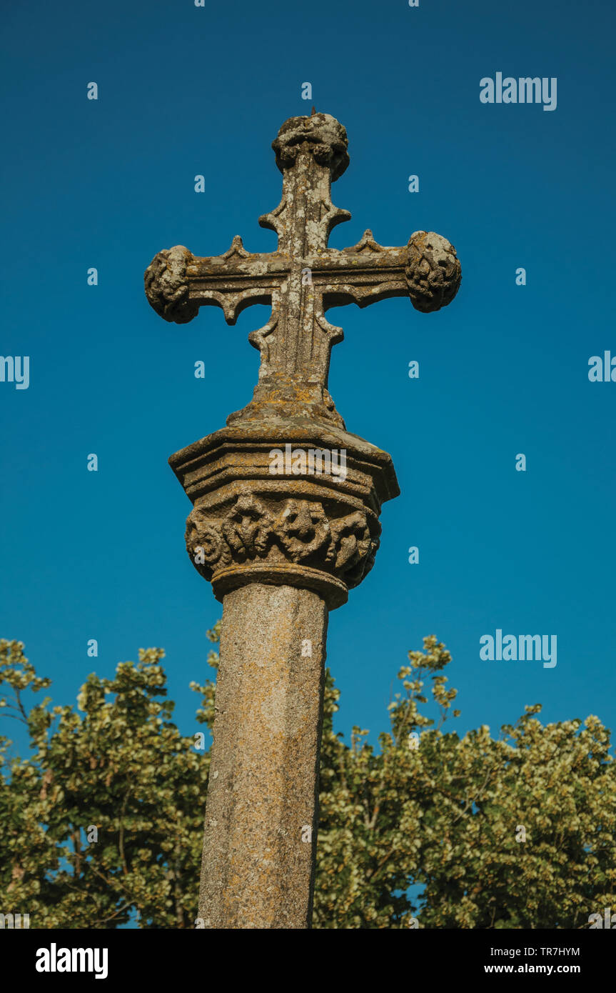 Gothic style cross carved in stone on top of a pillory and leafy ...